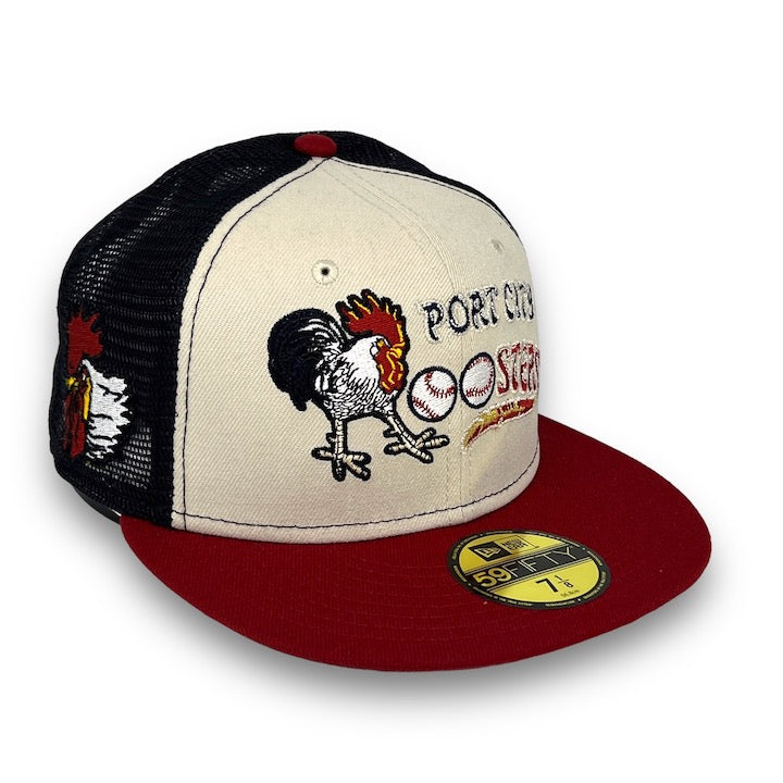 Port City Roosters 59FIFTY Stone / Navy & H Red Fitted Trucker Hat Gre ...